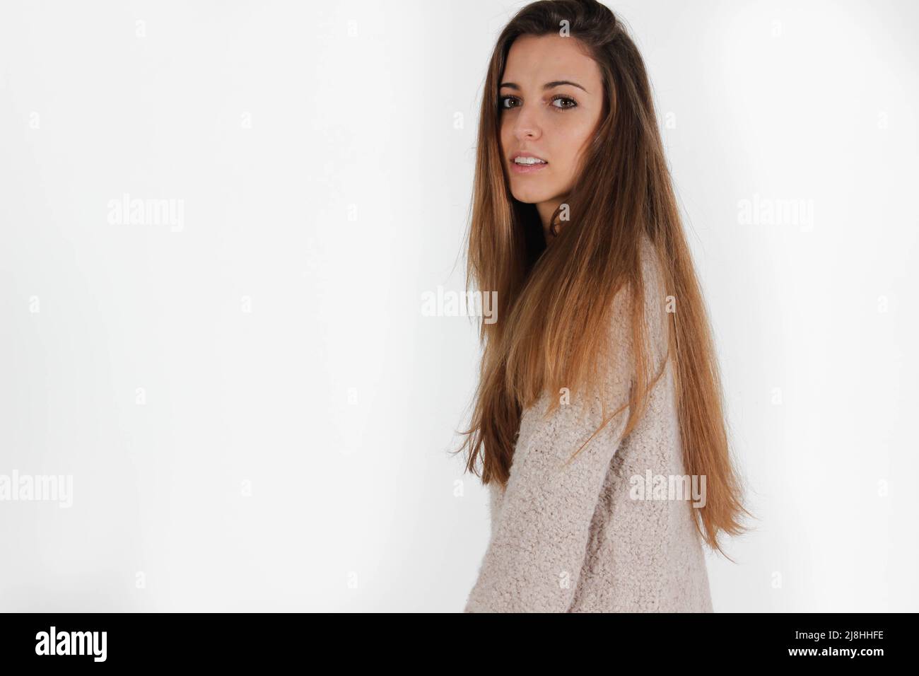 college girl caught staring at camera on white background Stock Photo ...