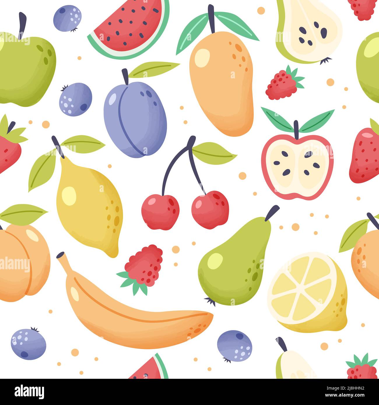 Summer fruit pattern. Fresh tropical and garden fruits doodle, organic ...