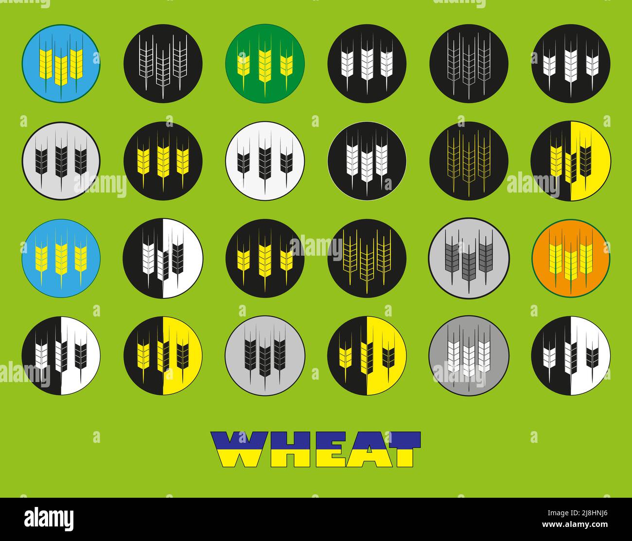 Wheat icons set. Illustration. The inscription wheat in the colors of ...
