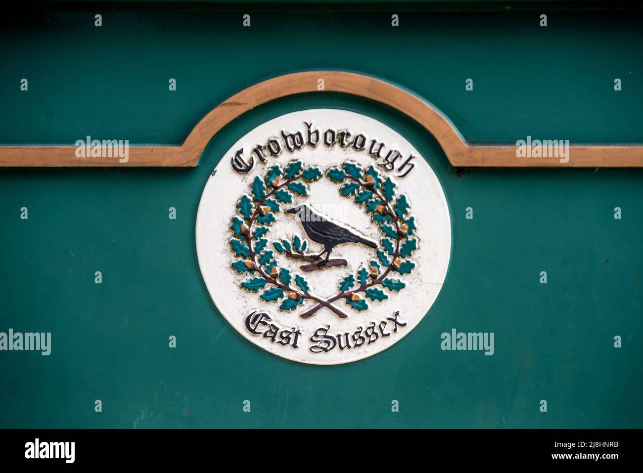 Crowborough, April 23rd 2022: Town logo on rubbish bin Stock Photo - Alamy