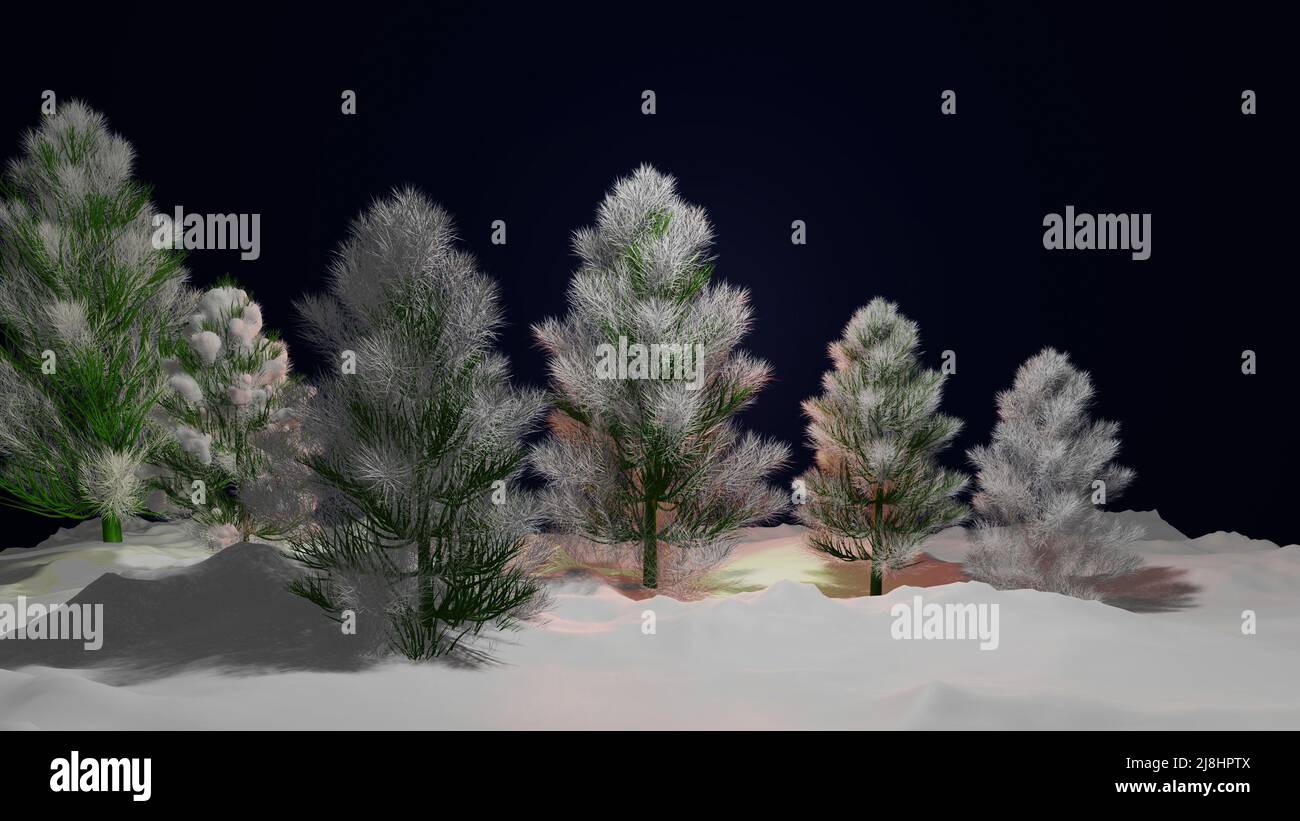 Winter background. Pine forest in the snow. 3D render illustration ...
