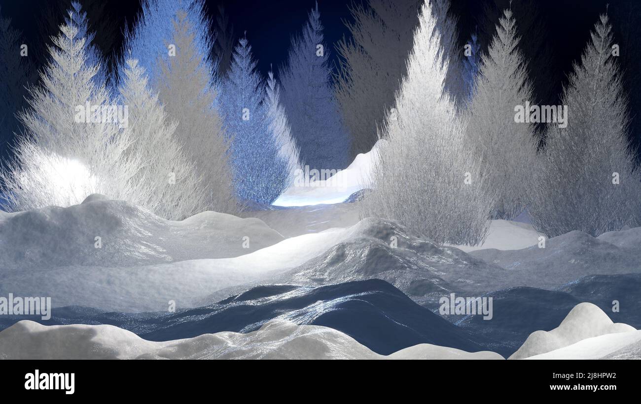 Winter background. Pine forest in the snow. 3D render illustration ...