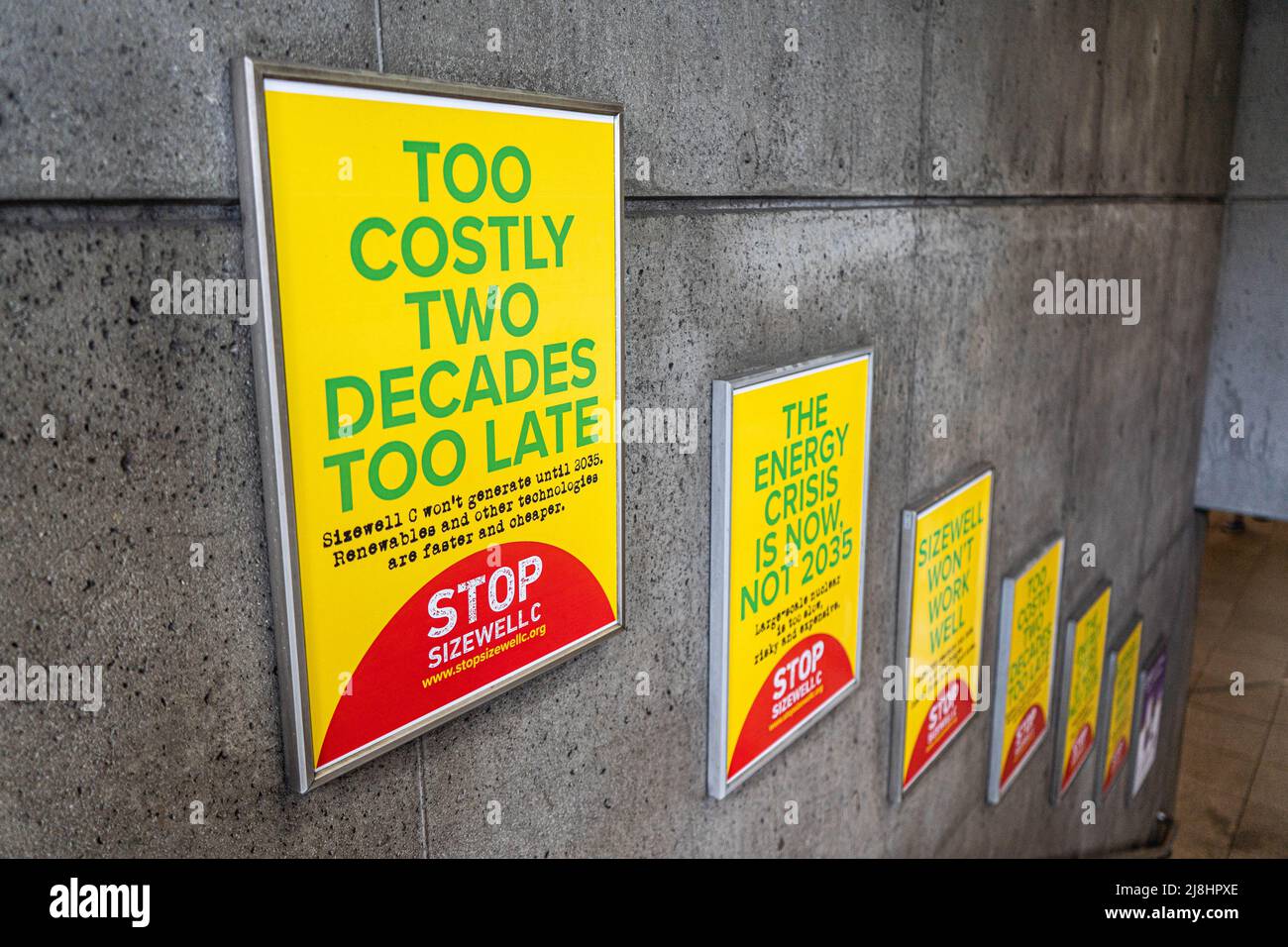 London UK, 16 May 2022. Stop Sizewell C posters are placed at the ...