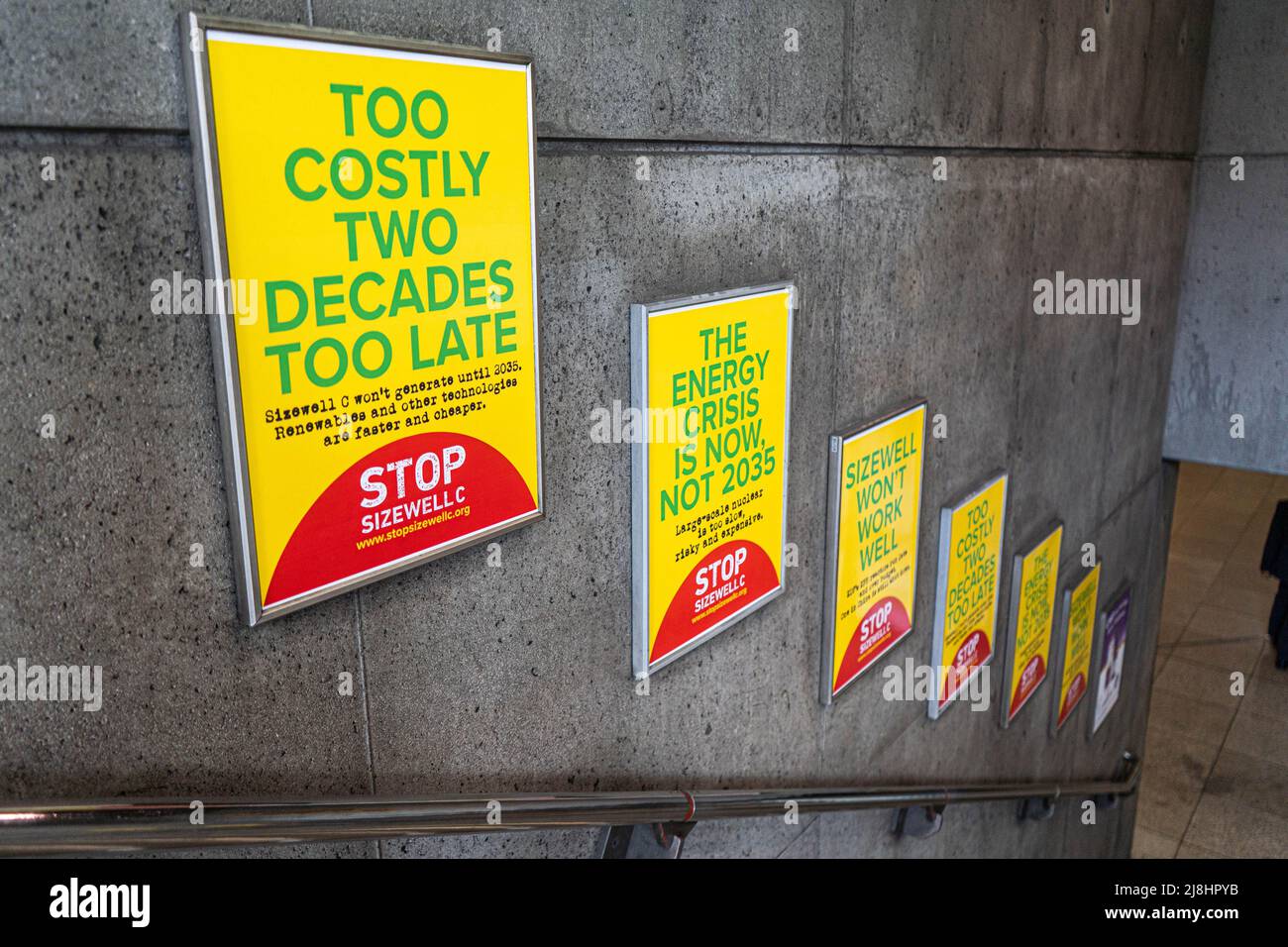 London UK, 16 May 2022. Stop Sizewell C posters are placed at the ...