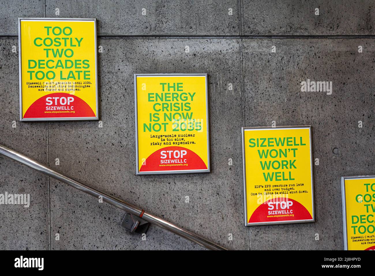 London UK, 16 May 2022. Stop Sizewell C posters are placed at the ...