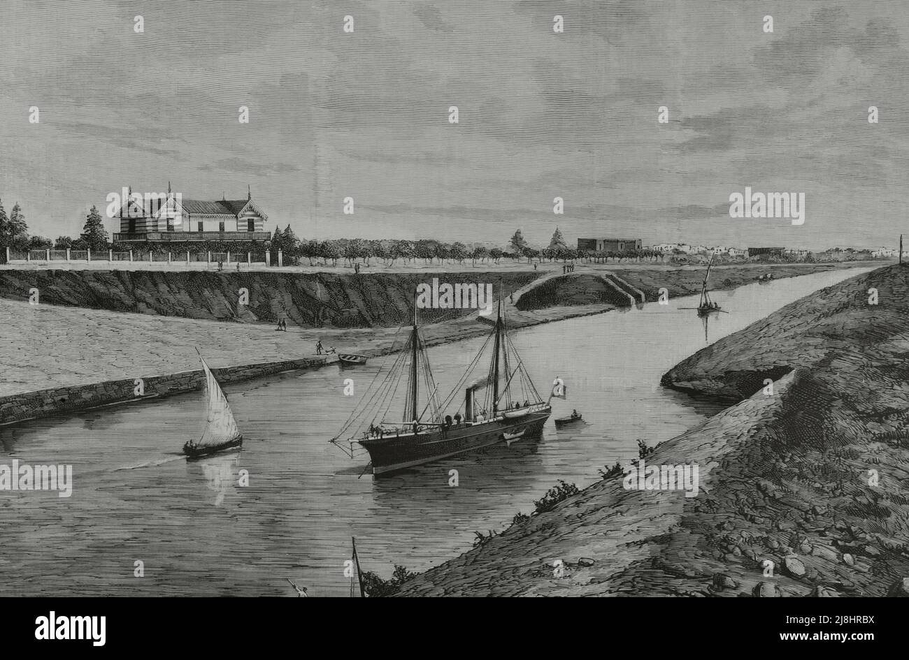 Egypt, Suez Canal. View of Ismailia. Engraving by Rico, 1882 Stock ...