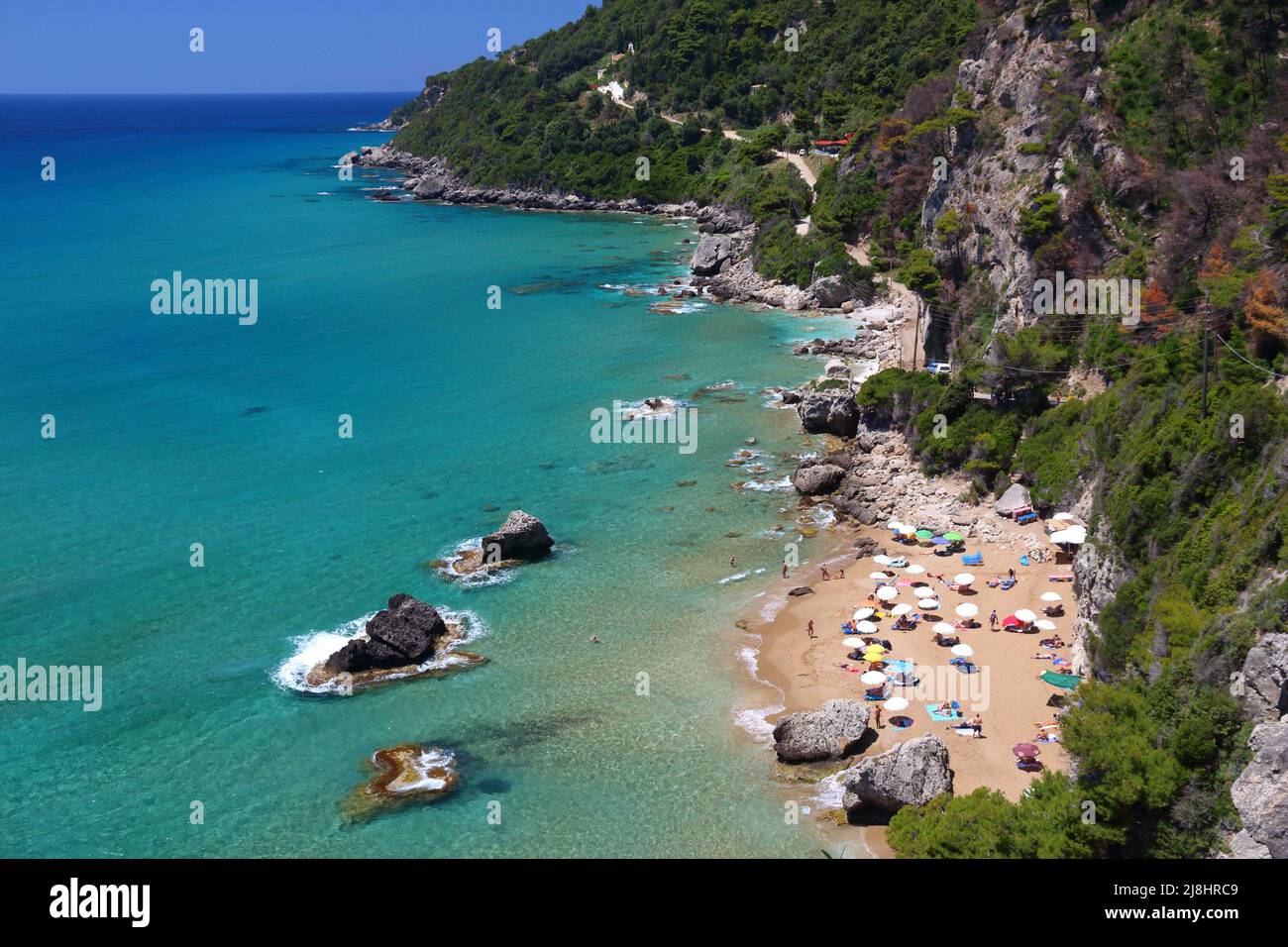 Corfu beach landscape - island in Greece. Myrtiotissa Beach below the ...
