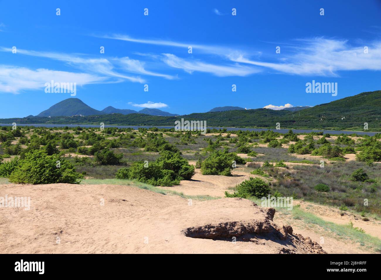 Greece - Corfu island landscape. Issos cedar forest, sand dunes and ...