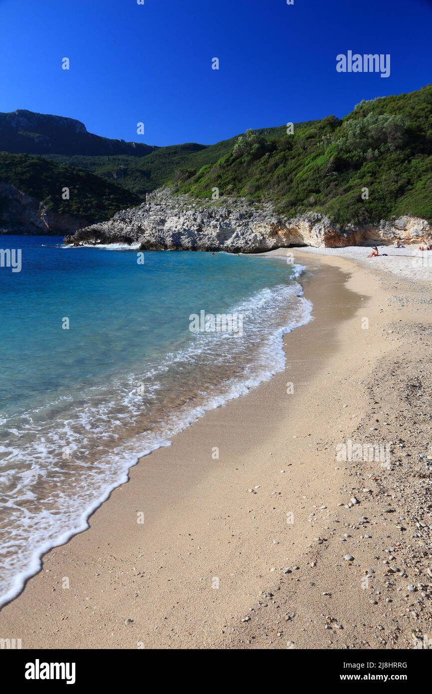 Corfu island landscape - Rovinia beach in Liapades. Greek island beach ...