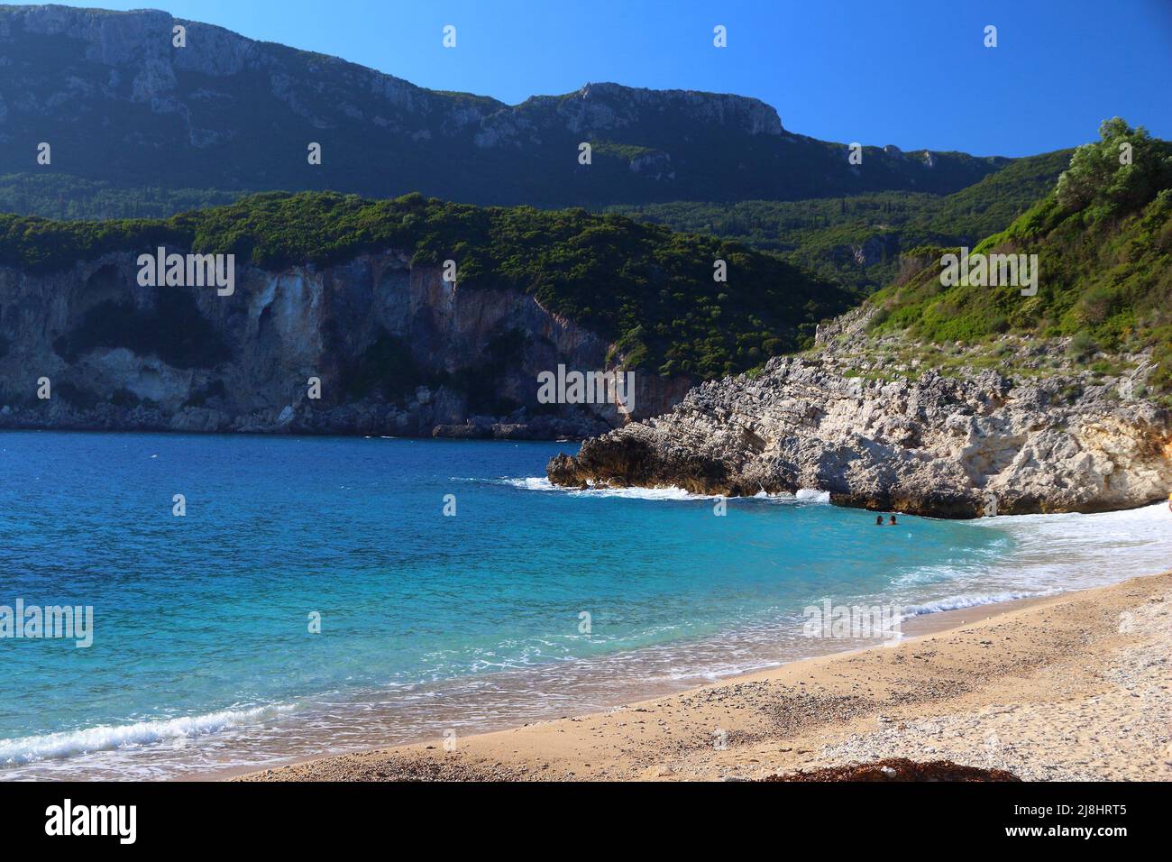 Corfu island landscape - Rovinia beach in Liapades. Greek island beach ...
