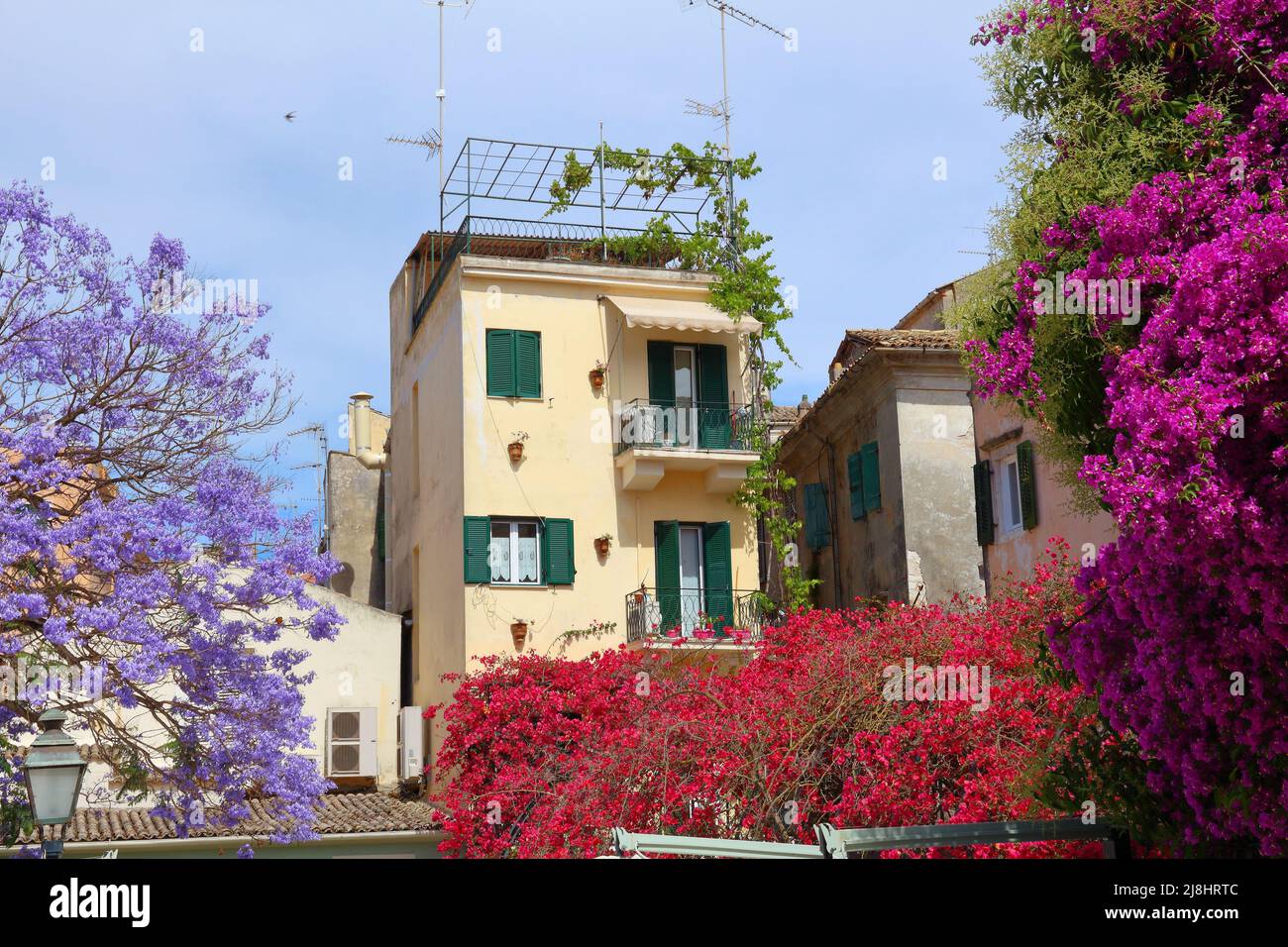 Corfu Town (Kerkyra) - UNESCO World Heritage Site in Greece. Flowers in ...