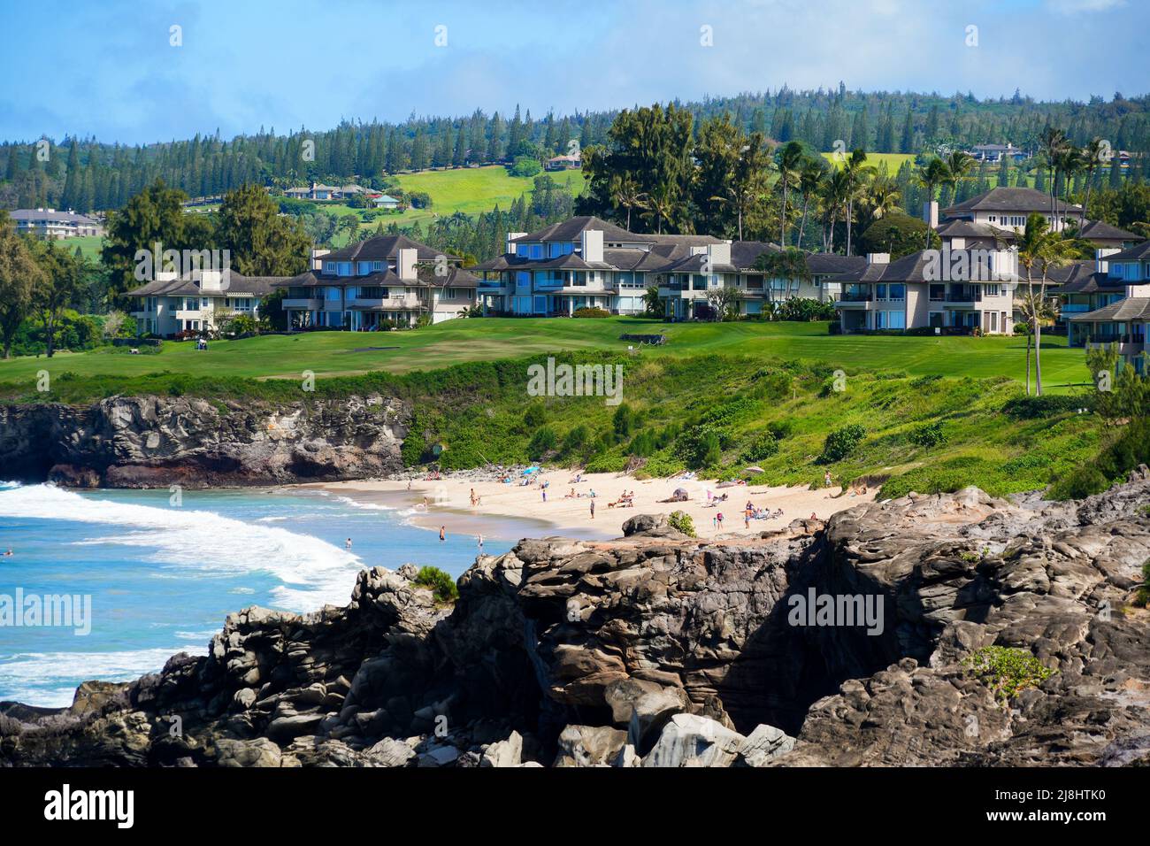 Oceanfront timeshare apartment buildings above Oneloa Beach as seen ...