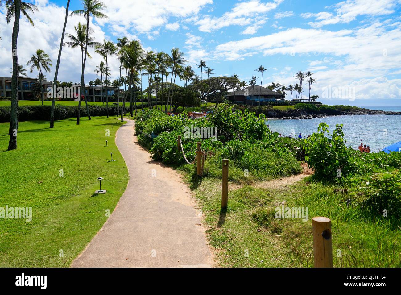 Walking path on the Kapalua Coastal Trail winding between luxury ...