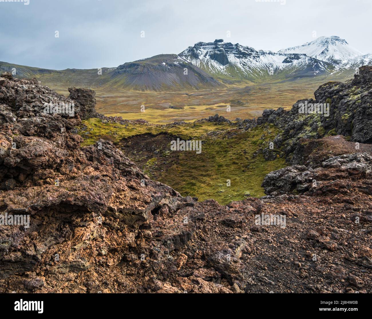 Spectacular volcanic view from Saxholl Crater, Snaefellsnes peninsula ...