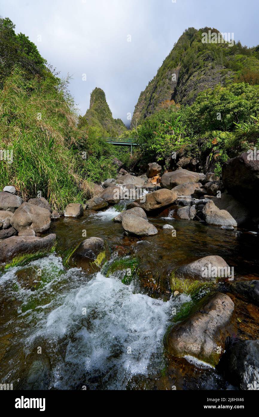 Kinihapai stream flowing below the Iao needle in the Iao Valley in the ...