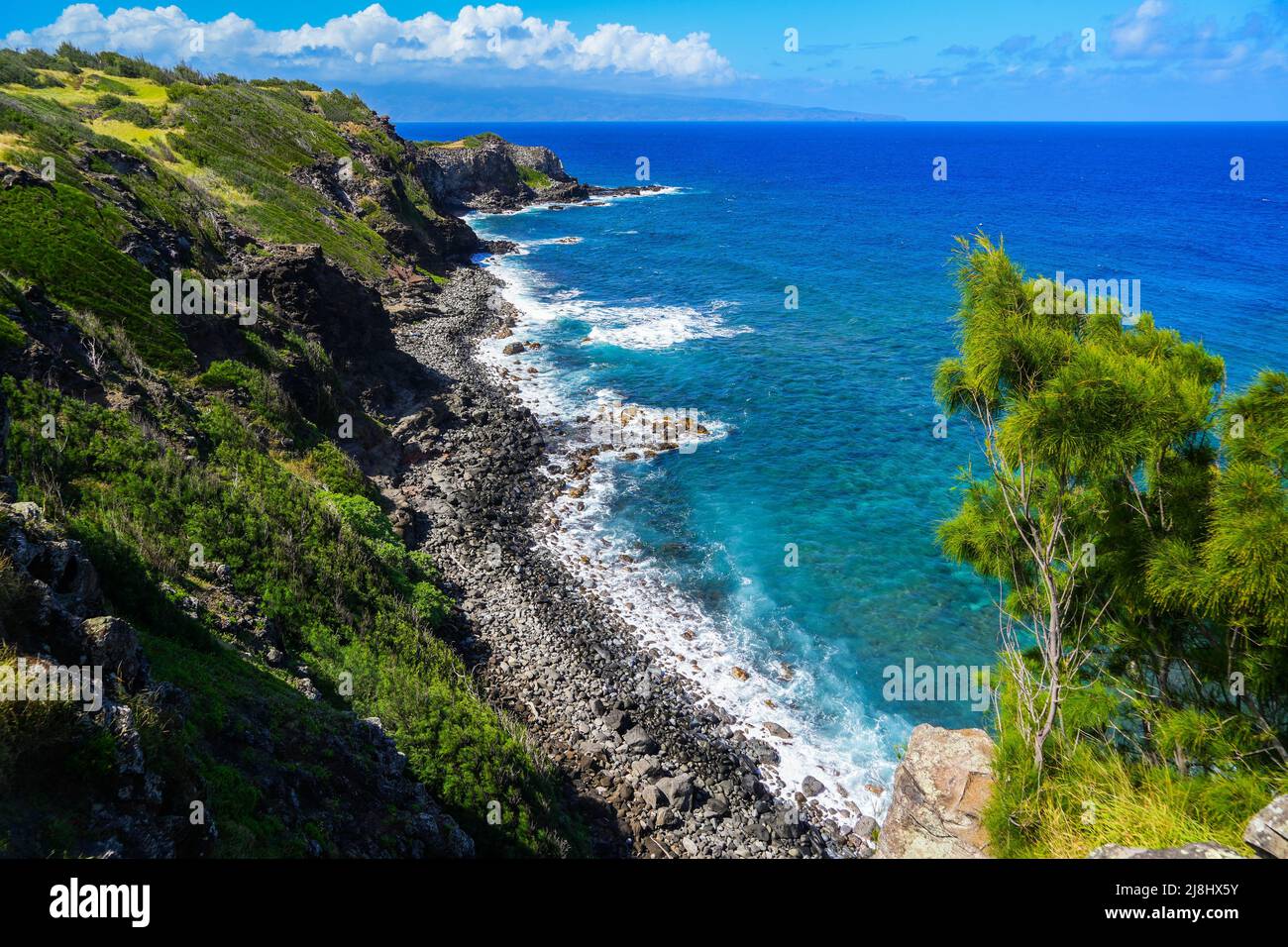 Aerial view of the cliffs of Lipoa Ridge above the Pacific Ocean along ...