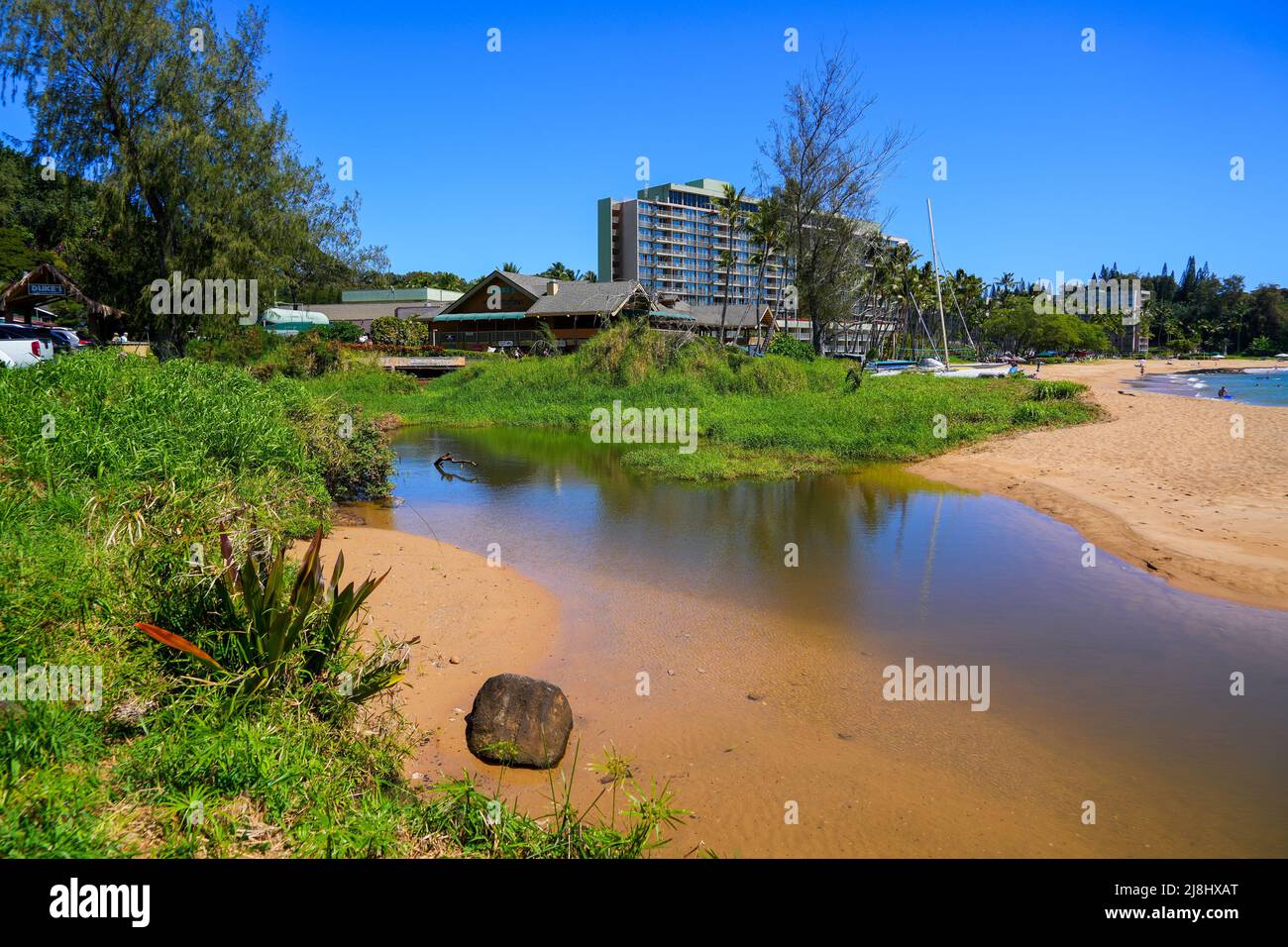 Freshwater stream on Kalapaki Beach on the South Shore of Kauai island ...