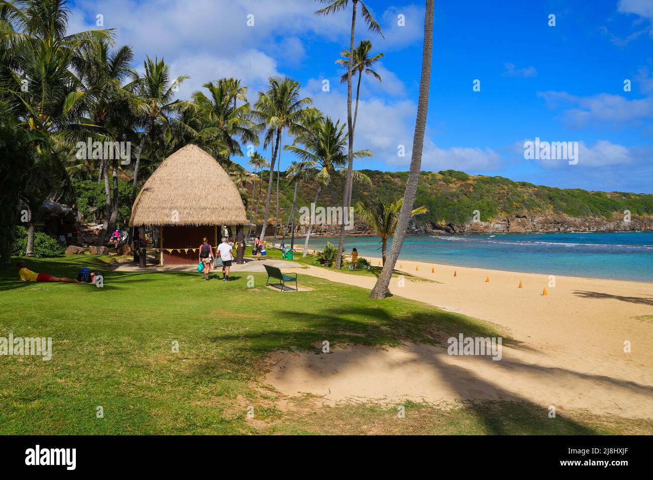 Traditionnal Hale in the Hanauma Bay Nature Preserve on O'ahu island in ...