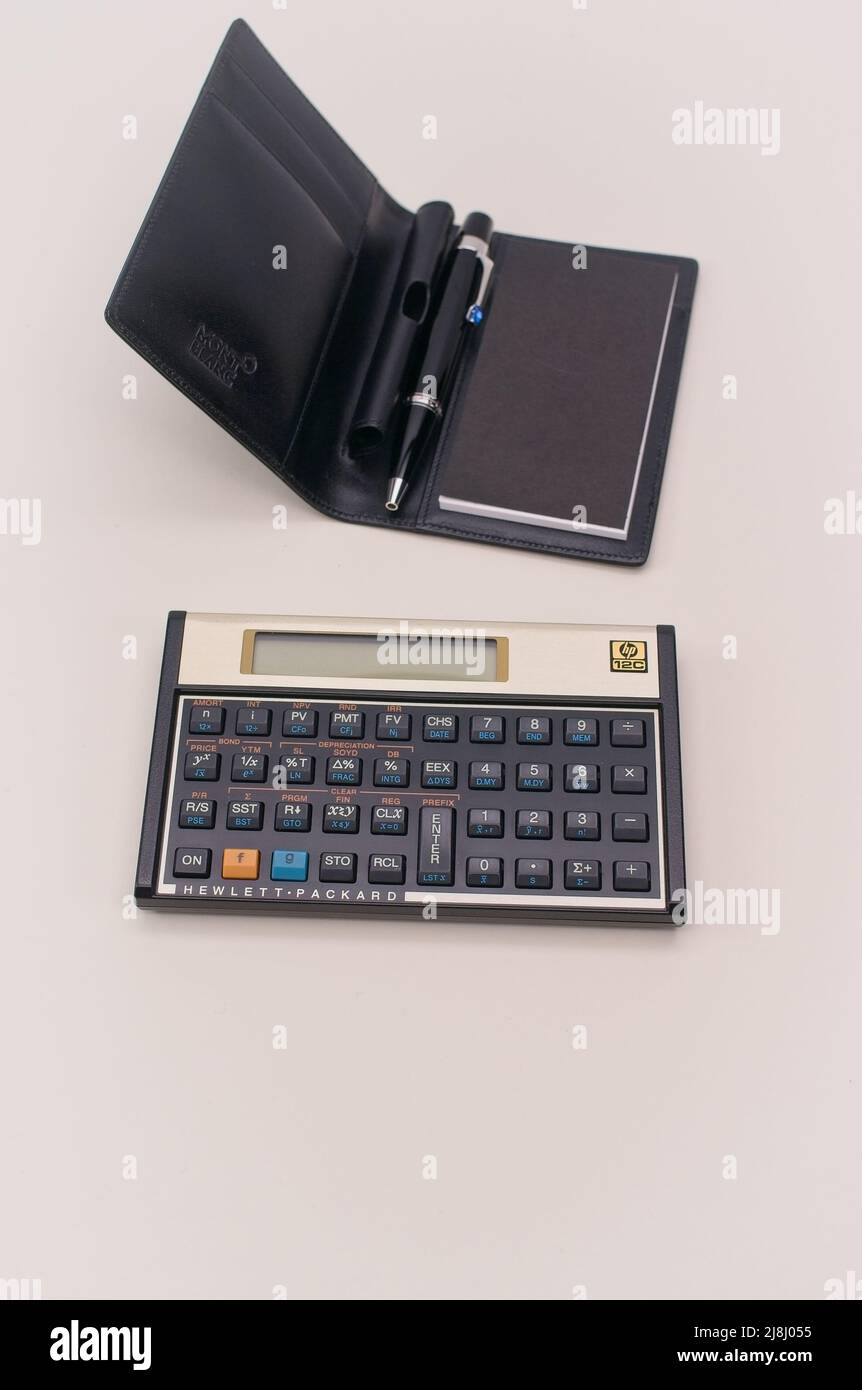 Hewlett Packard financial pocket calculator with Montblanc luxury pen ...
