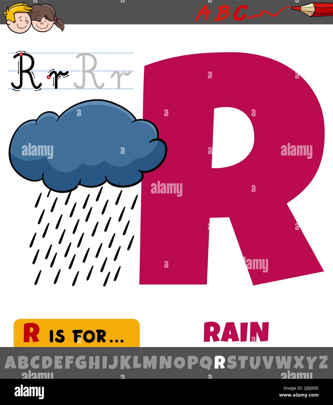 Educational cartoon illustration of letter R from alphabet with rain ...