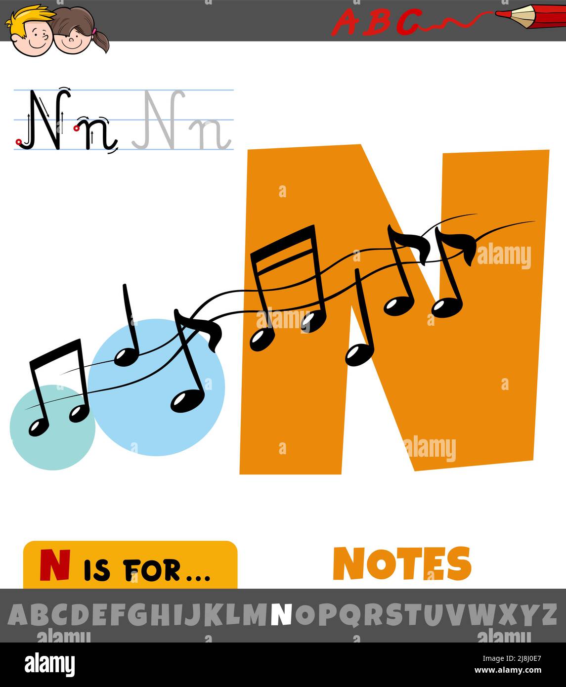 Educational cartoon illustration of letter N from alphabet with musical ...