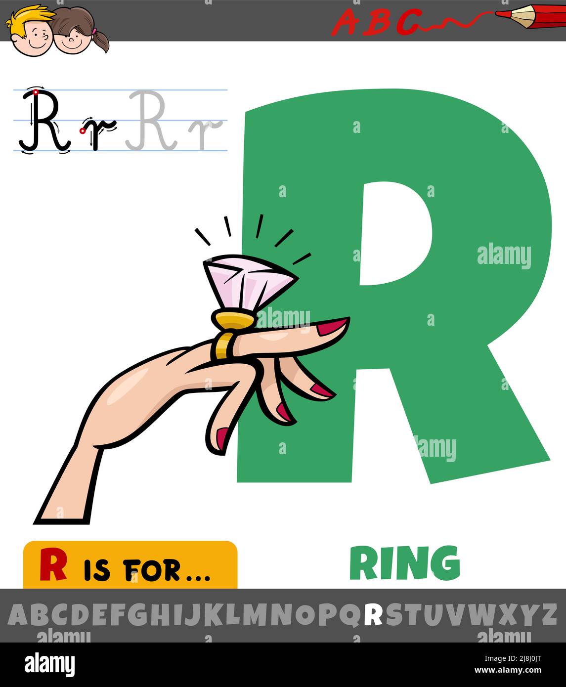 Educational cartoon illustration of letter R from alphabet with ring ...