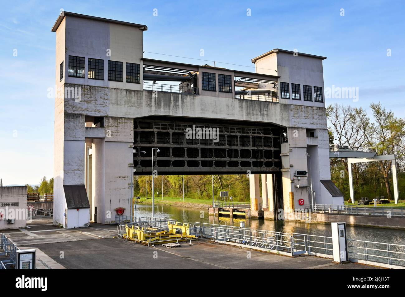 Rhine River, Germany - April 2002: Control building and lifting ...