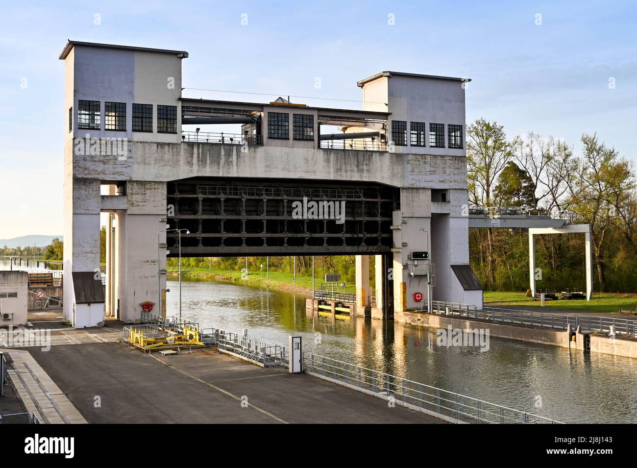 Rhine River, Germany - April 2002: Control building and lifting ...