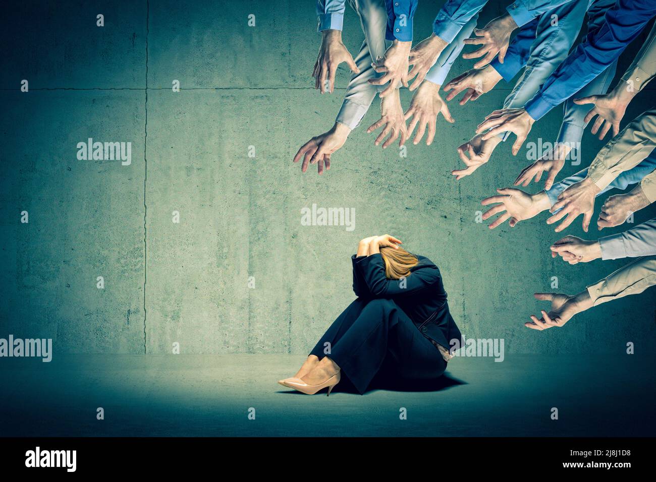 woman hiding and many hands trying to reach her Stock Photo - Alamy