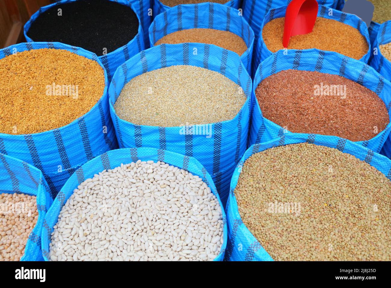 Moroccan souk. Beans, lentils and cereals at Essaouira market in ...