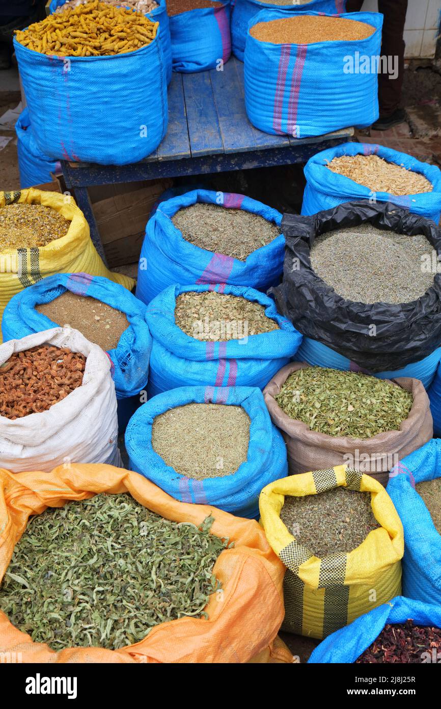 Moroccan souk. Herbs, seeds and cereals at Essaouira market in Morocco ...