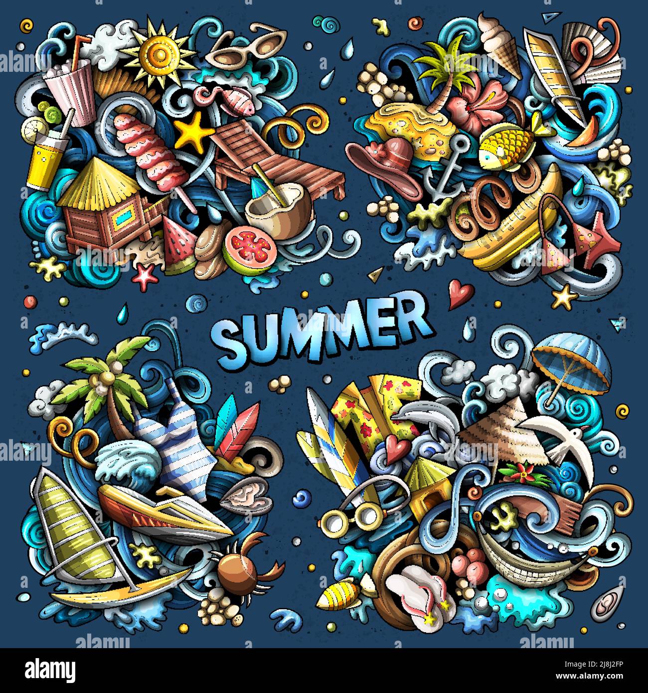 Summer beach cartoon vector doodle designs set Stock Vector Image & Art ...