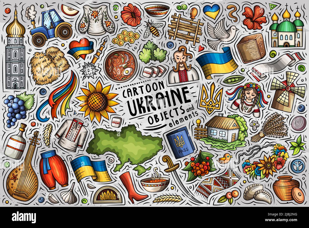 Colorful vector hand drawn doodle cartoon set of Ukraine theme items ...