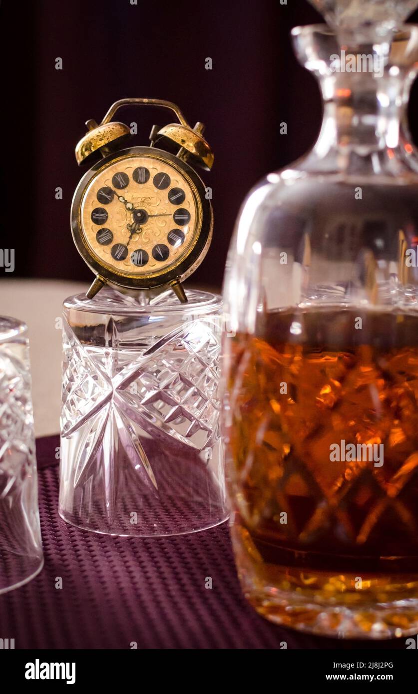 Still Life Alcohol in Crystal Decanter with Glasses and Gold Double ...