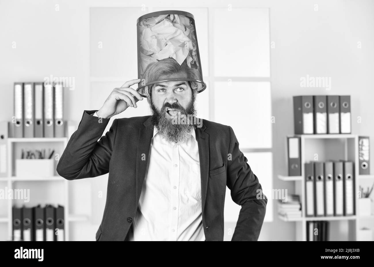 dig in work. businessman hold trashcan. man office look for lost note ...