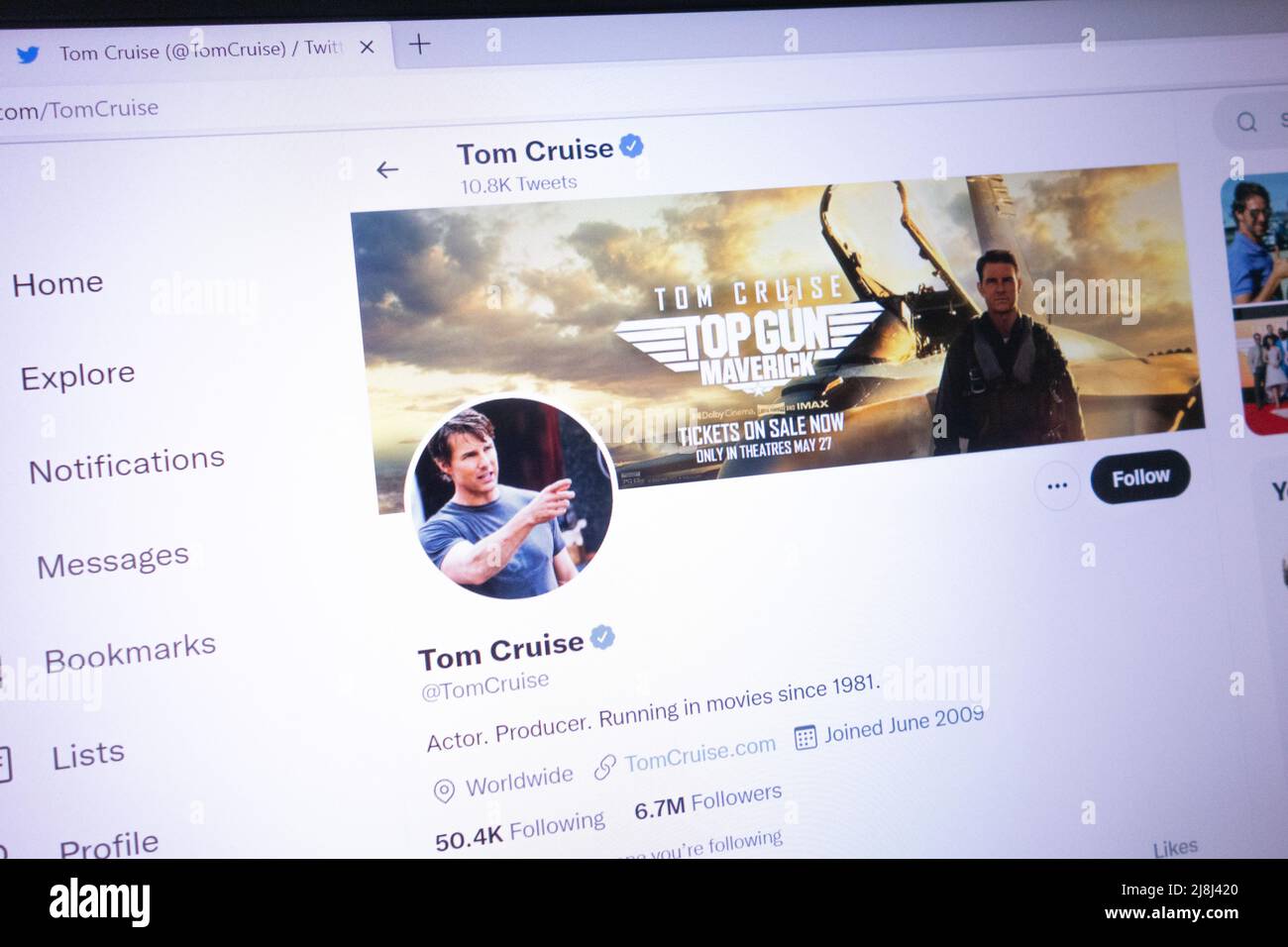 KONSKIE, POLAND - May 14, 2022: Tom Cruise official Twitter account ...