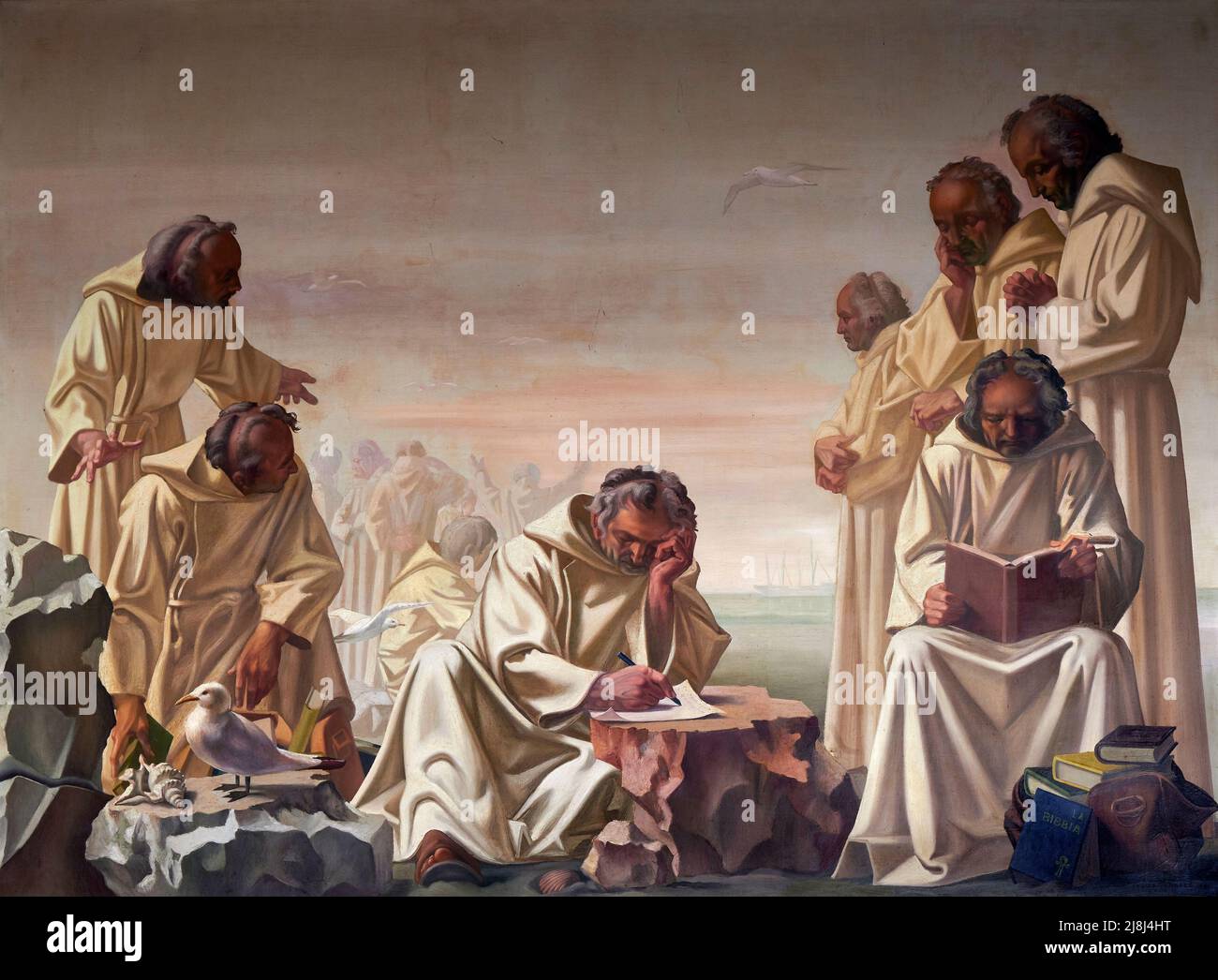 S. Colombano Abate parte con 12 monaci da una spiaggia irlandese - olio ...