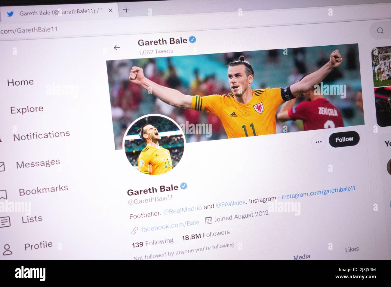 KONSKIE, POLAND - May 14, 2022: Gareth Bale official Twitter account ...