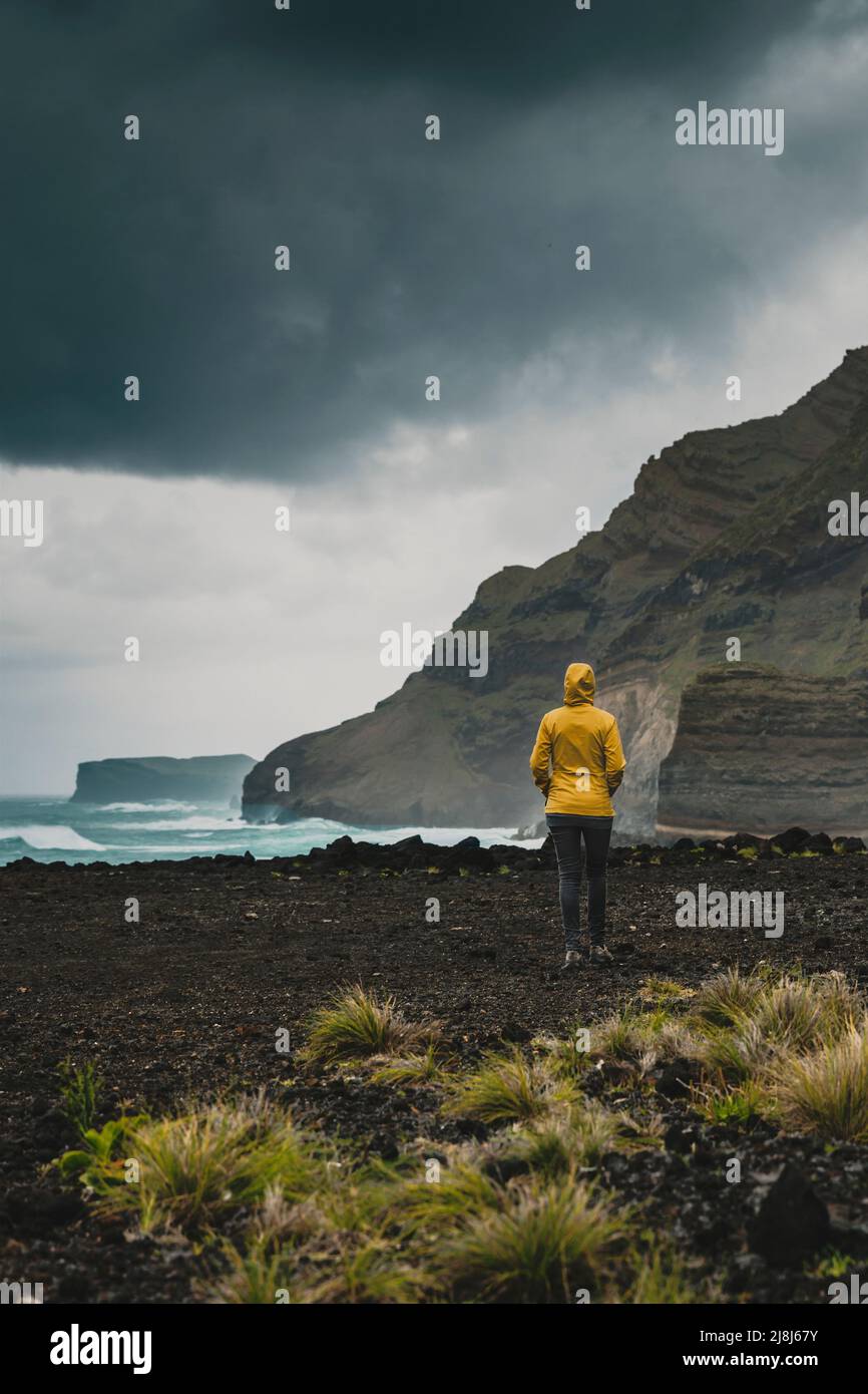 Woman alone exploring the nature in Azores Island, Portugal Stock Photo ...