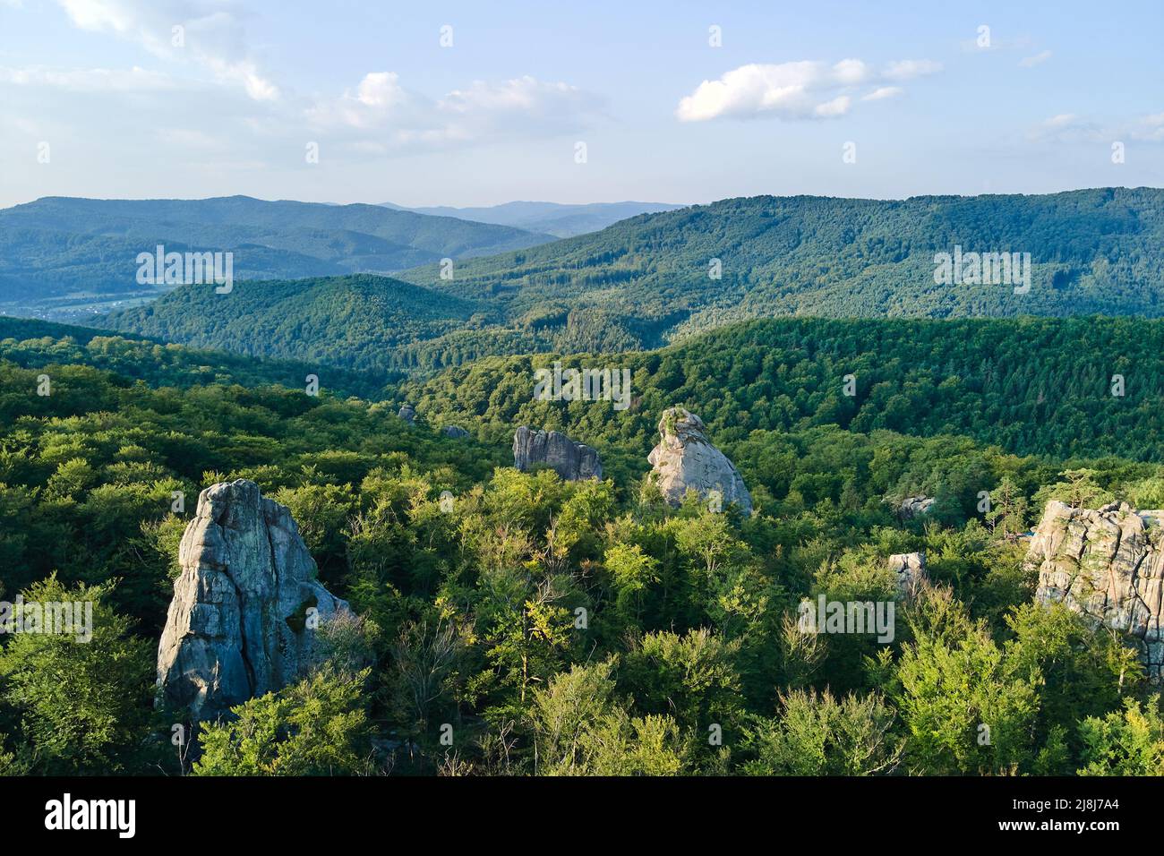 Aerial view of bright landscape with green forest trees and big rocky ...