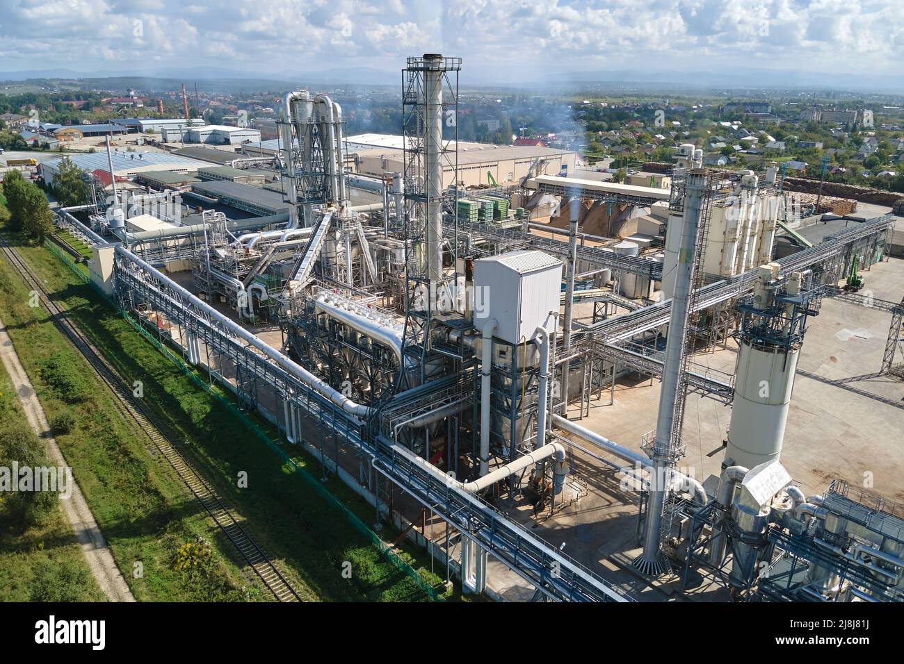 Aerial view of factory with high plant manufacture structure. Global ...