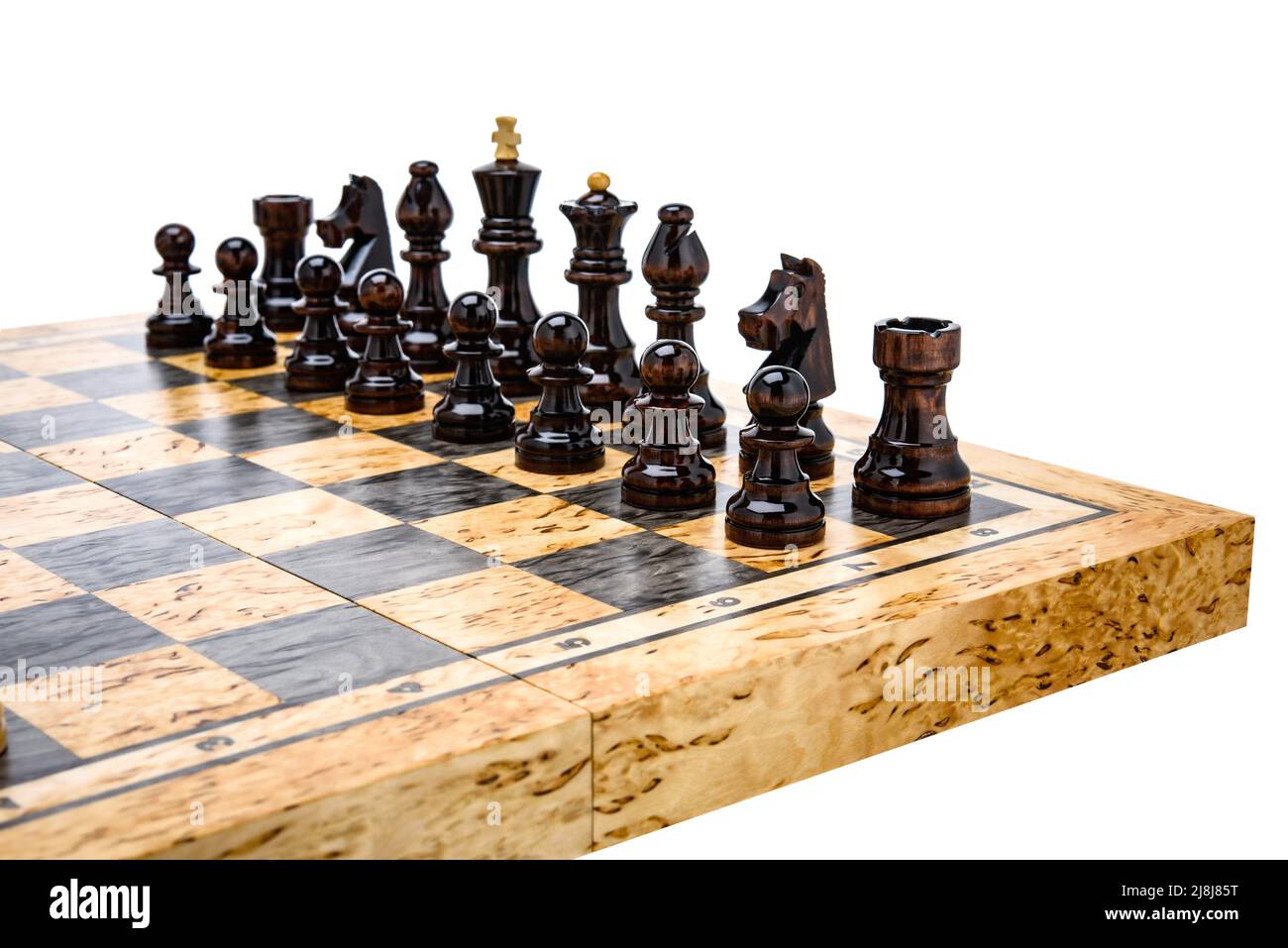 Beige Brown birch Wooden chess different pieces figures standing on ...