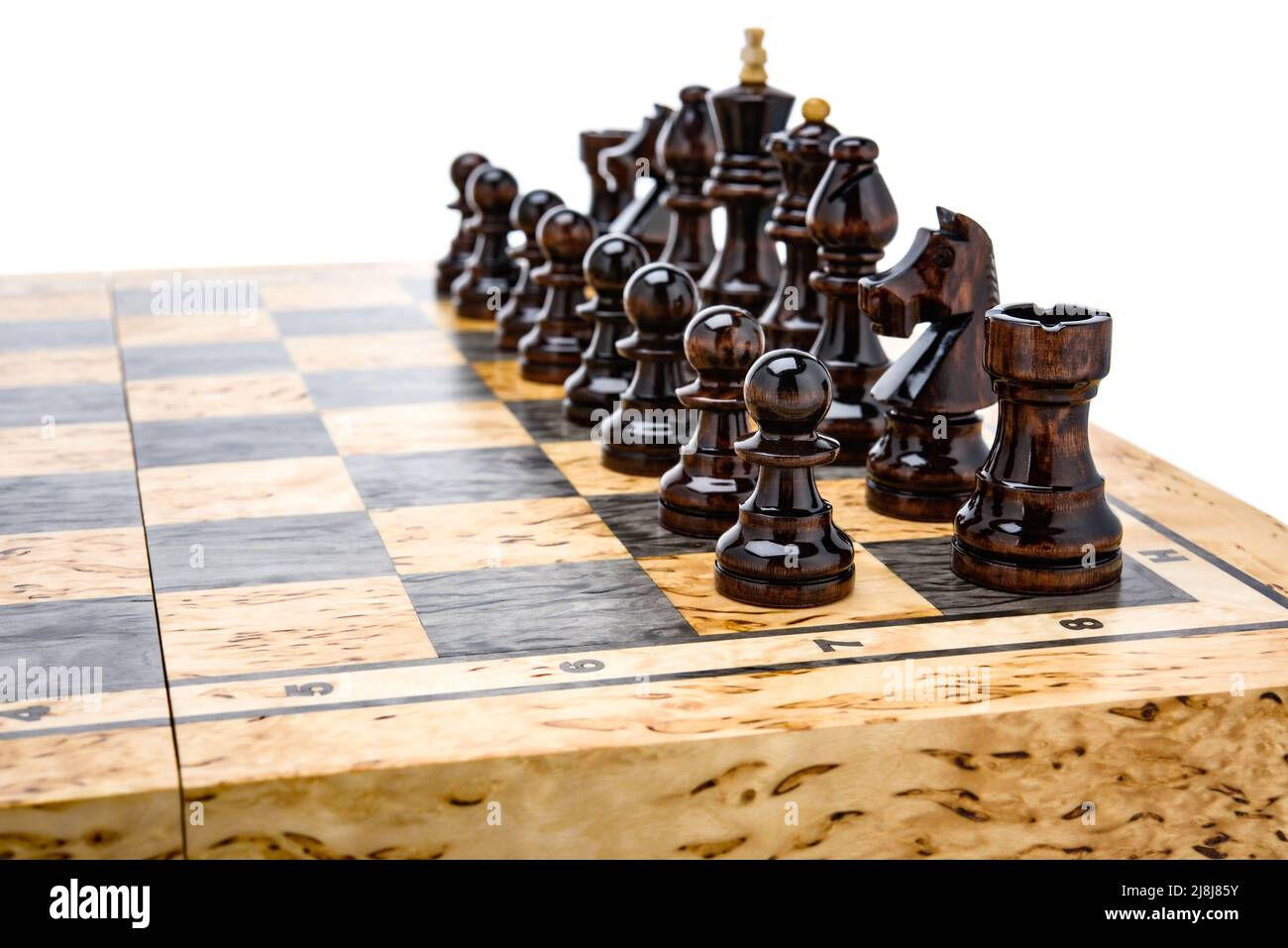 Beige Brown birch Wooden chess different pieces figures standing on ...