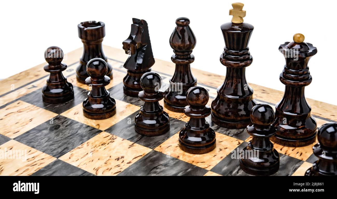 Beige Brown birch Wooden chess different pieces figures standing on ...