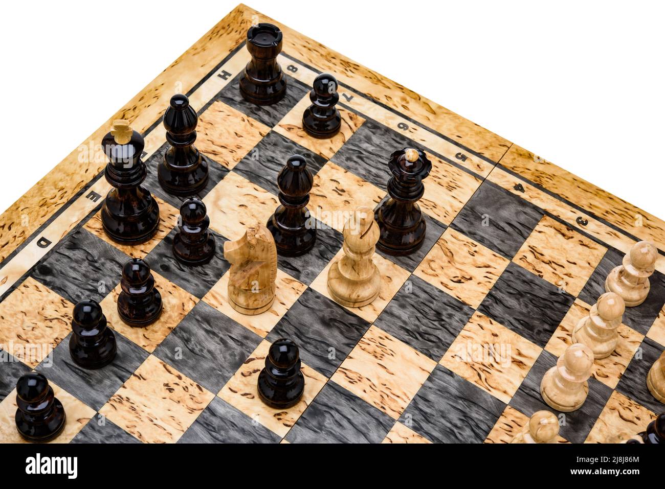 Beige Brown birch Wooden chess different pieces figures standing on ...