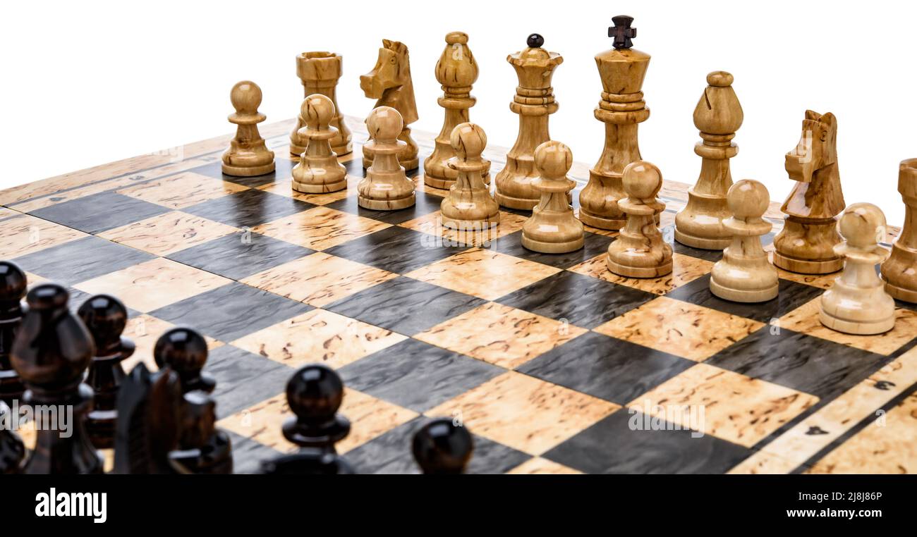 Beige Brown birch Wooden chess different pieces figures standing on ...