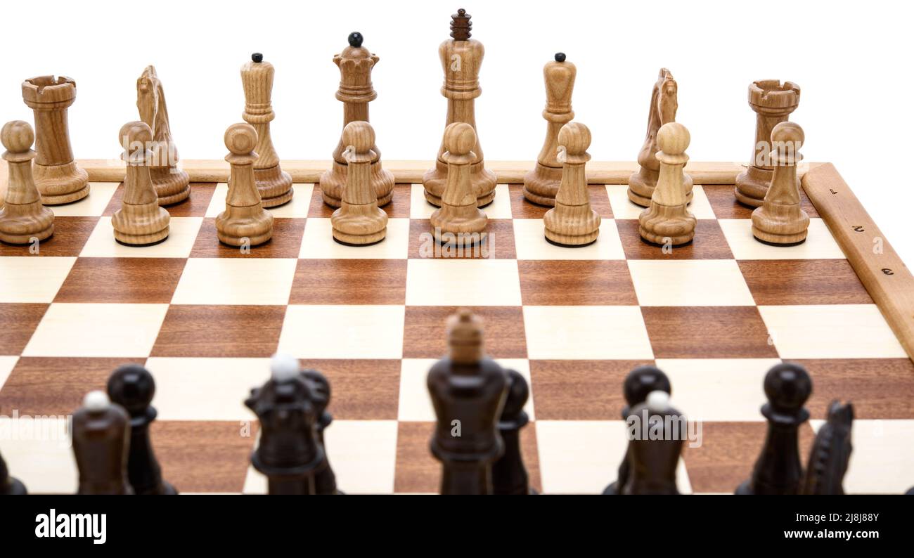 Beige Brown Wooden chess different pieces figures standing on ...