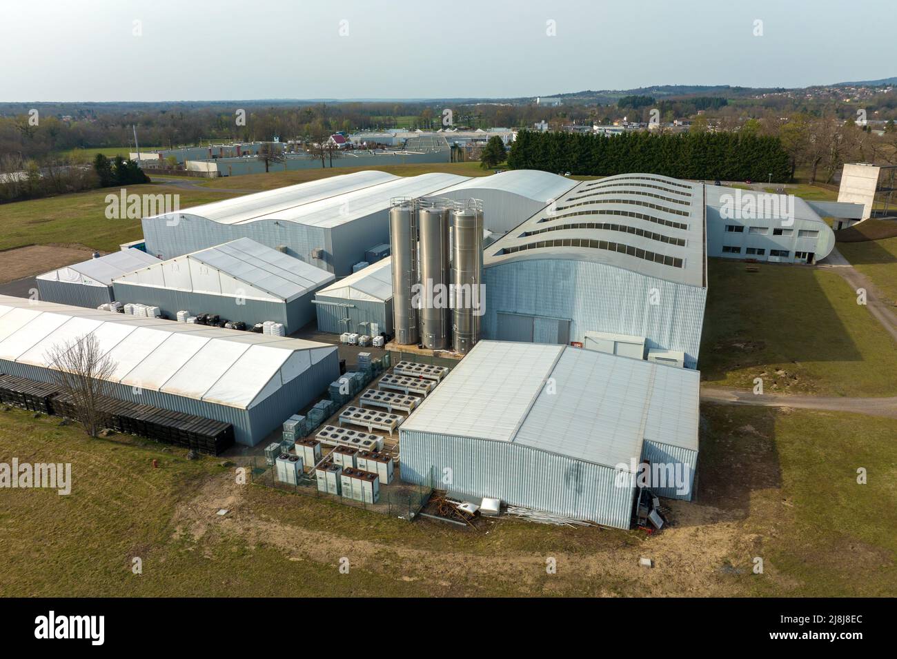 Aerial view of new factory building for producing and shipping of ...