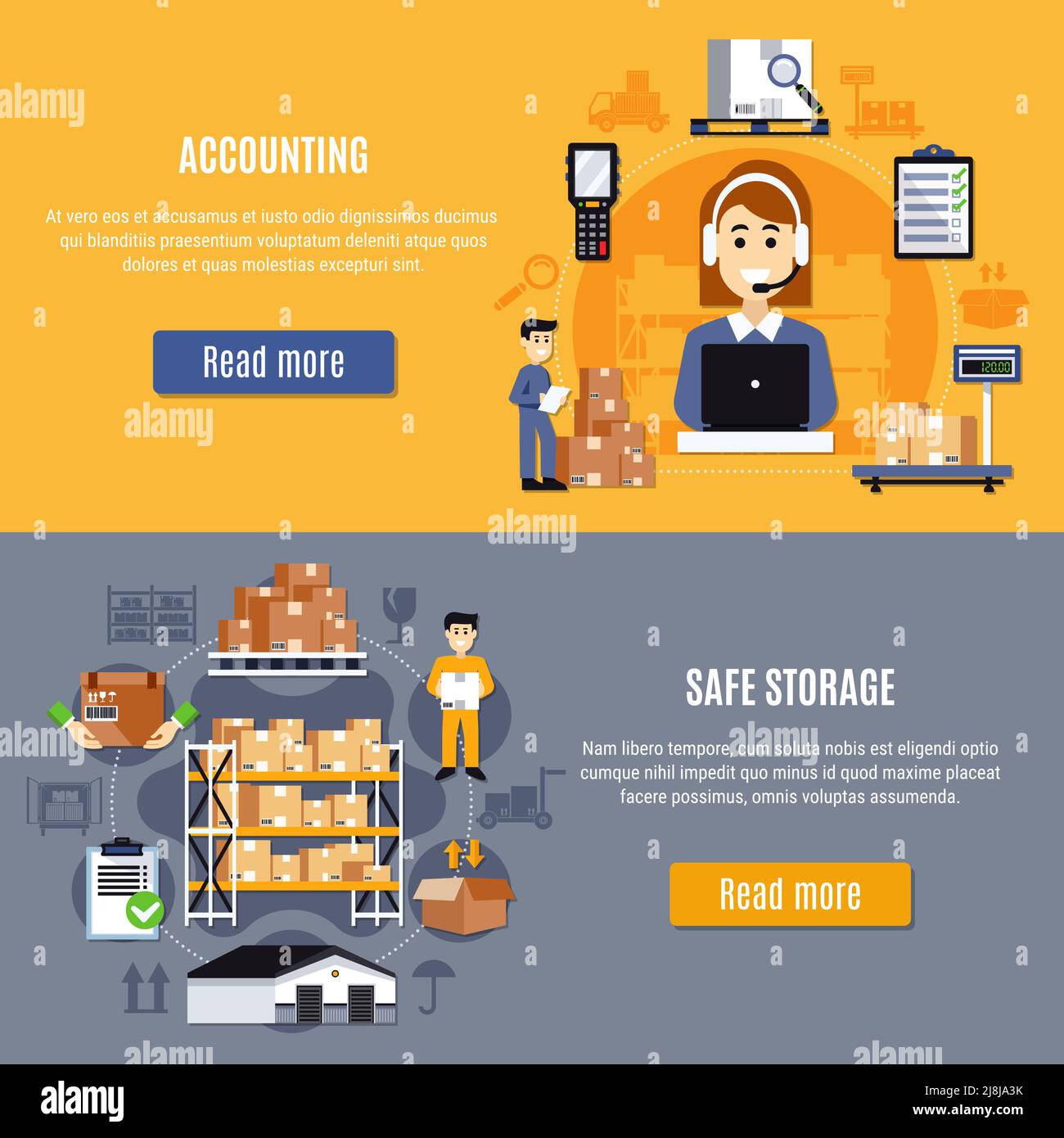 Two horizontal and flat warehouse banner set with accounting and safe ...
