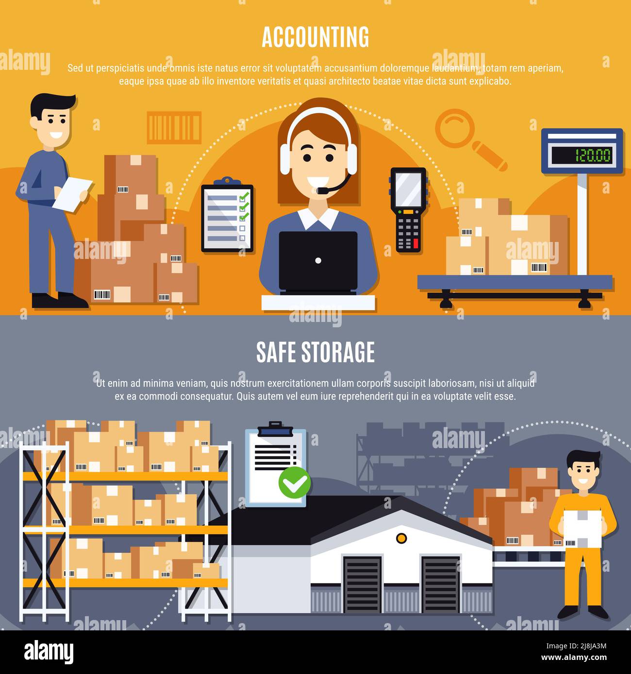 Two horizontal flat warehouse banner set with accounting and safe ...